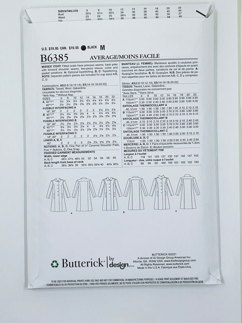 Butterick 6385 Sewing Pattern, B6385 Jacket Sewing Pattern, Coat Sewing ...