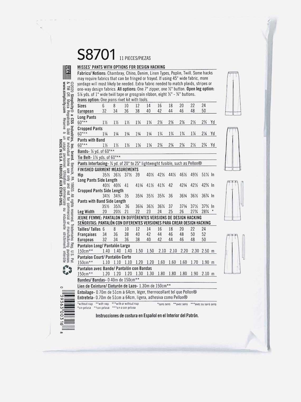 Simplicity 8701 Sewing Pattern - S8701 Misses' Pants With Options for ...