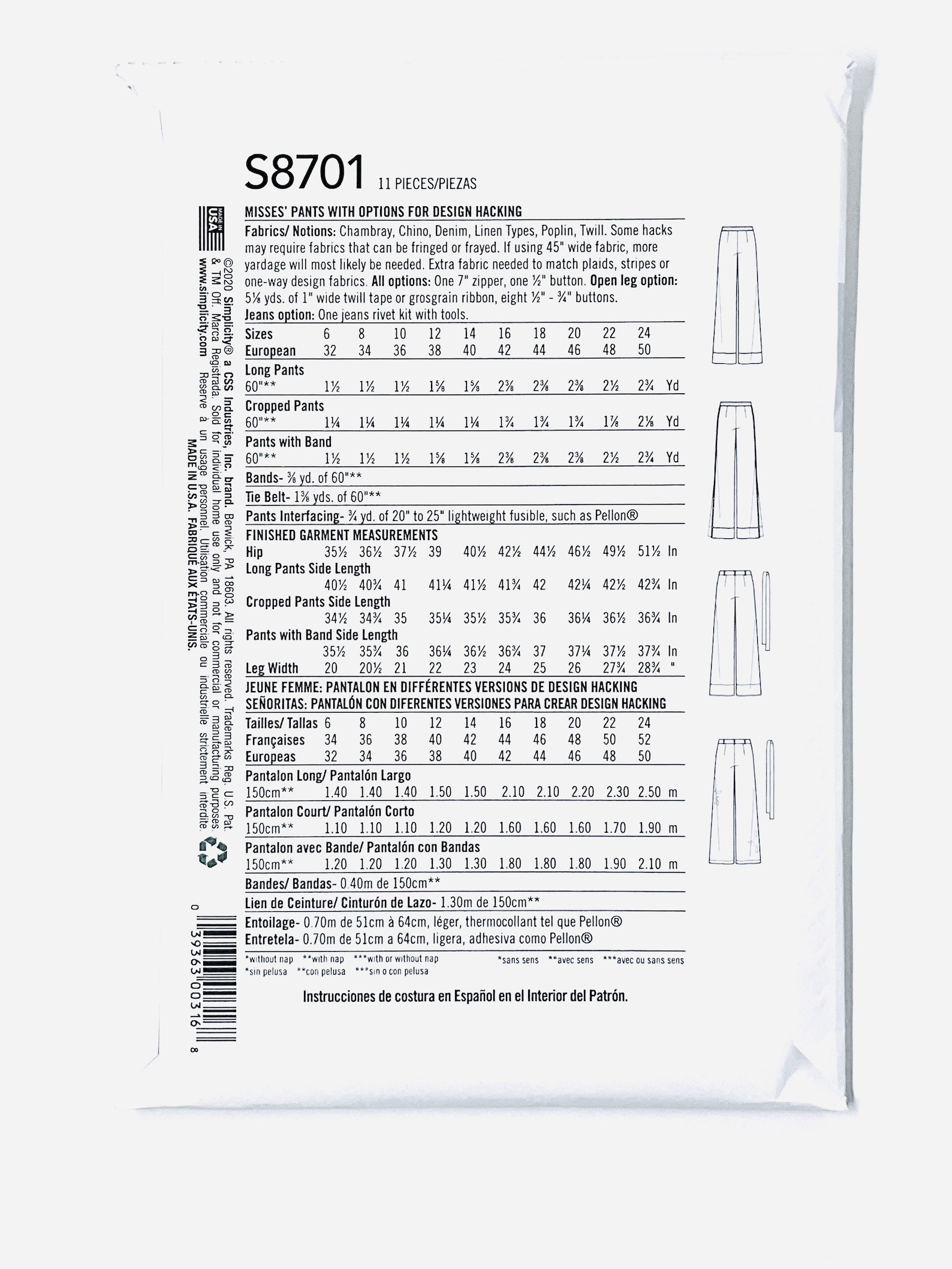 Simplicity 8701 Sewing Pattern - S8701 Misses' Pants With Options for ...