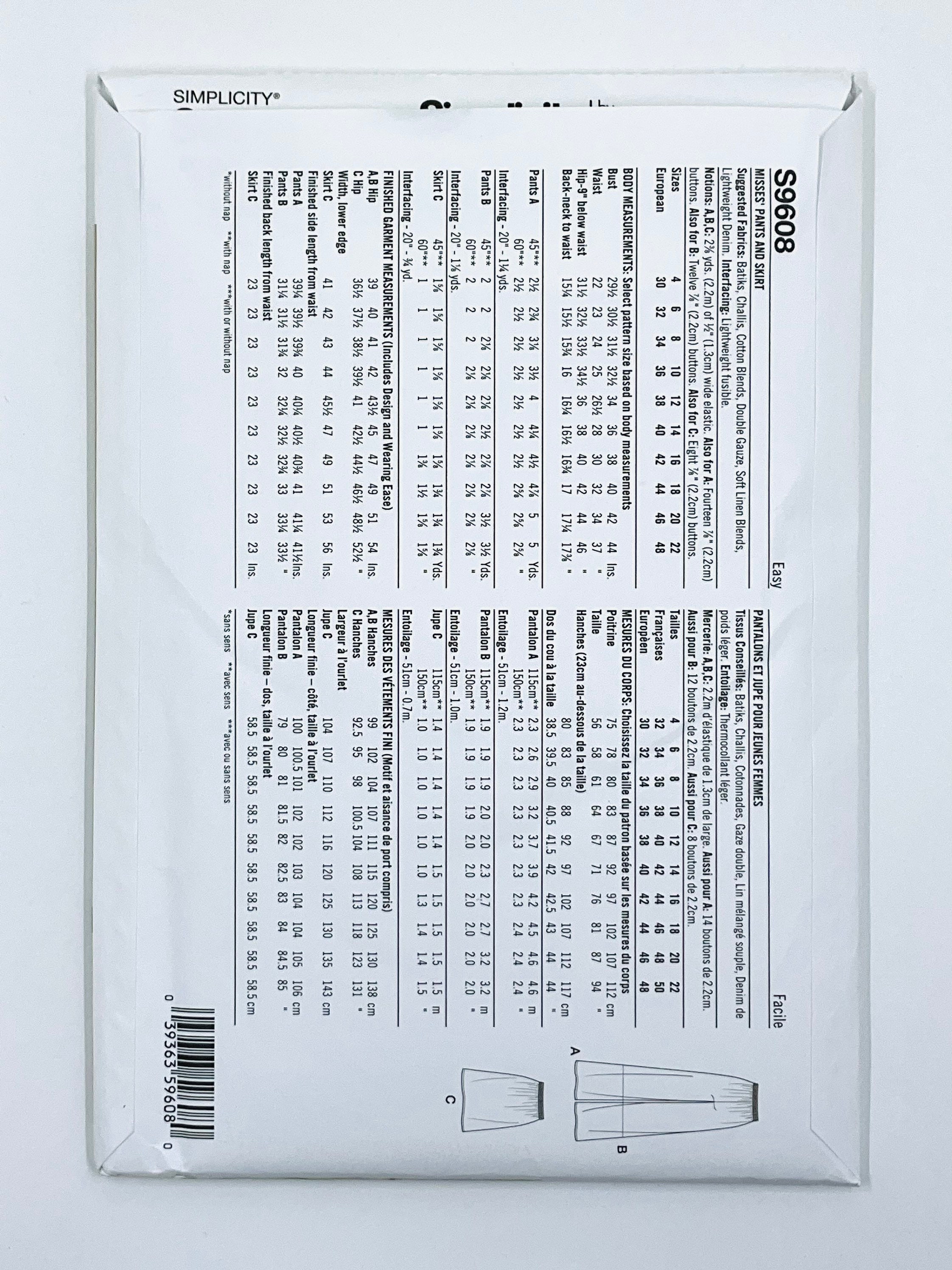 Simplicity 9608 Sewing Pattern Misses' Pants and Skirt, With Side ...