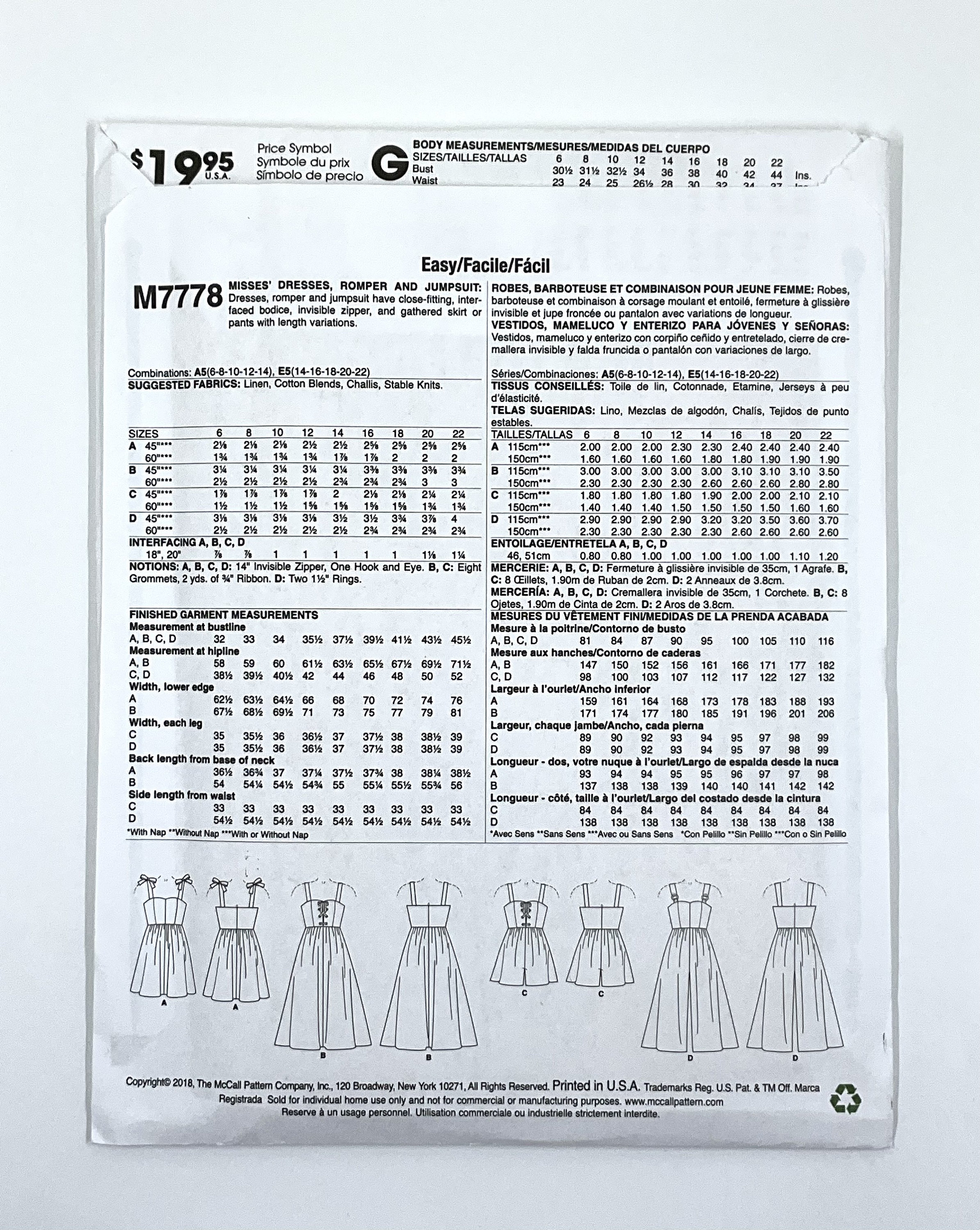 Mccall's 7778 Sewing Pattern M7778 Misses' Dresses, Romper and Jumpsuit ...