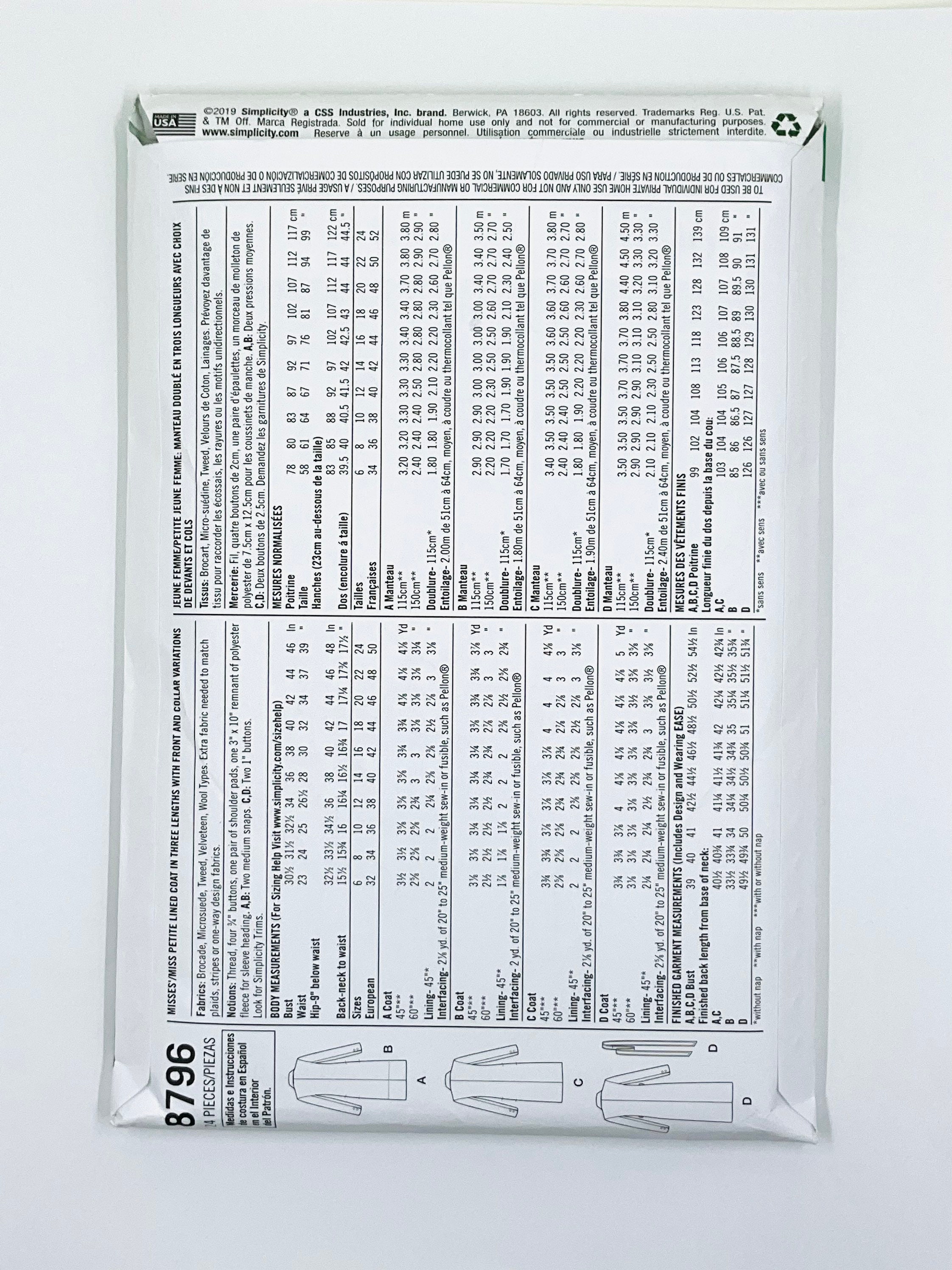 Simplicity 8796 Sewing Pattern for Women, S8796 Jacket, Petite Lined ...
