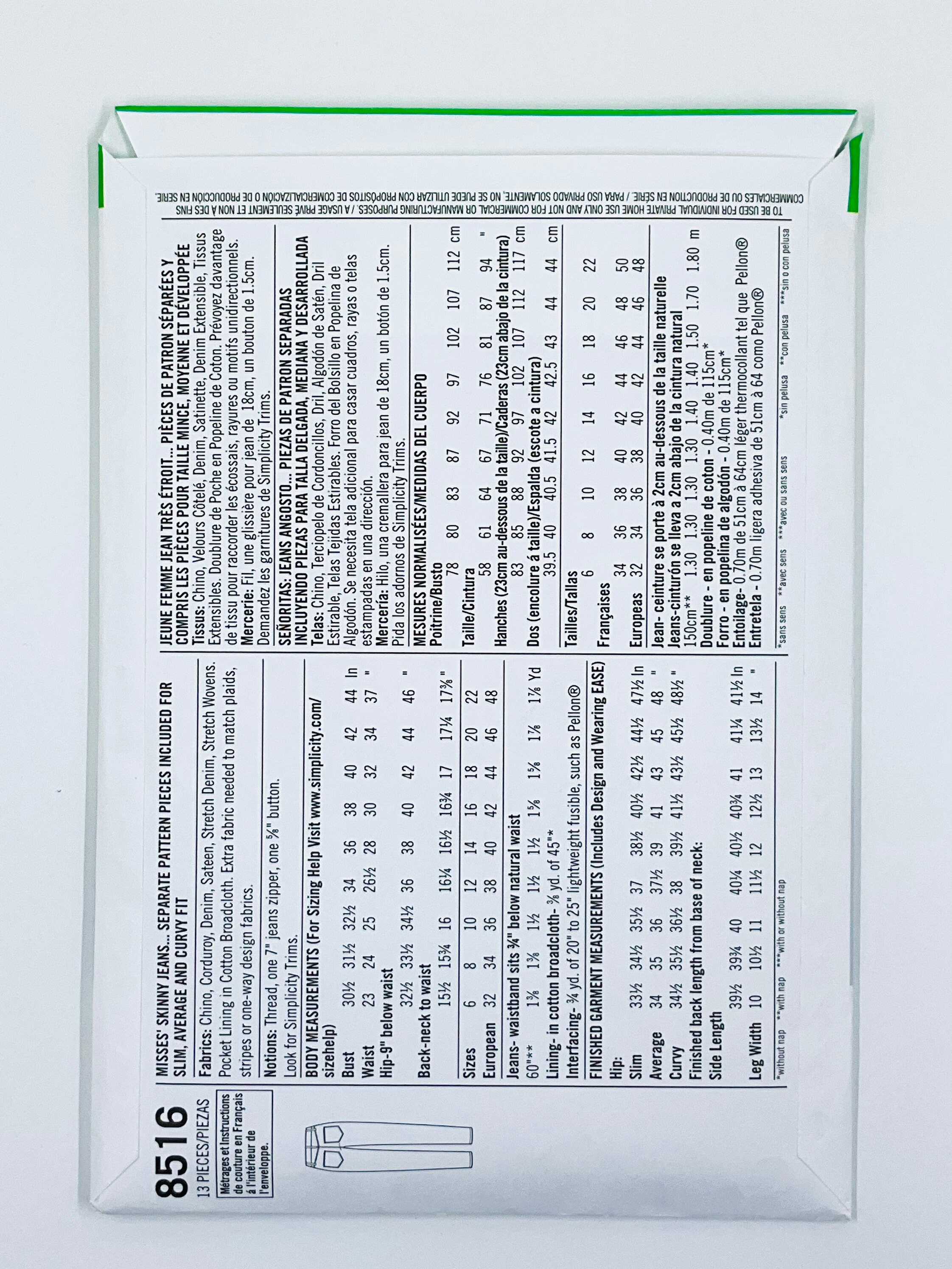 Simplicity 8516 Misses' Mimi G Skinny Jeans, Size 6-14 or 14-22 - Etsy