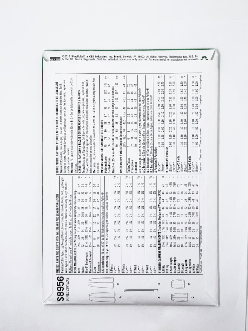 Simplicity 8956 Pants Sewing Pattern for Women, S8956 Misses' Pants and ...