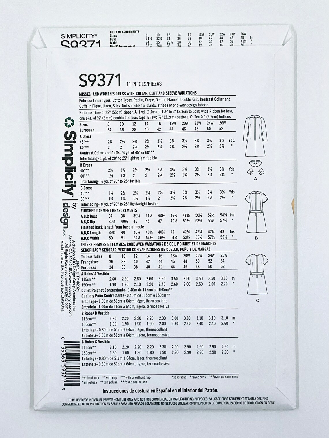 Simplicity 9371 Sewing Pattern S9371 Misses' & - Etsy
