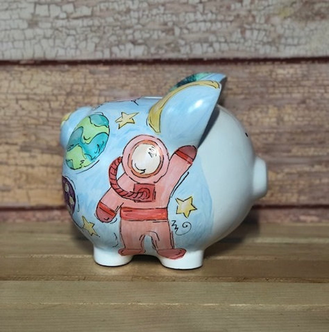 Large Pink Personalized Outer Space Ceramic Piggy Bank, Whimsical Hand ...