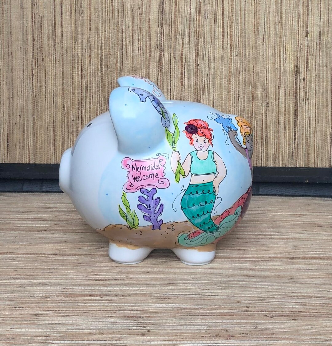 Large Personalized Mermaid Ceramic Piggy Bank With Dancing Dolphin ...