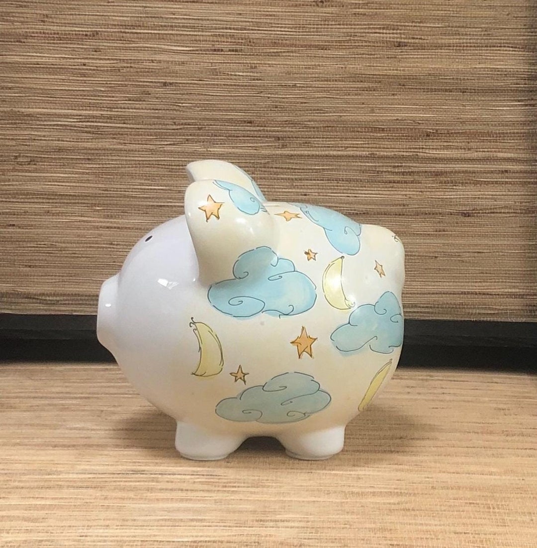 Large Personalized Crescent Moons With Stars and Clouds Ceramic Piggy ...