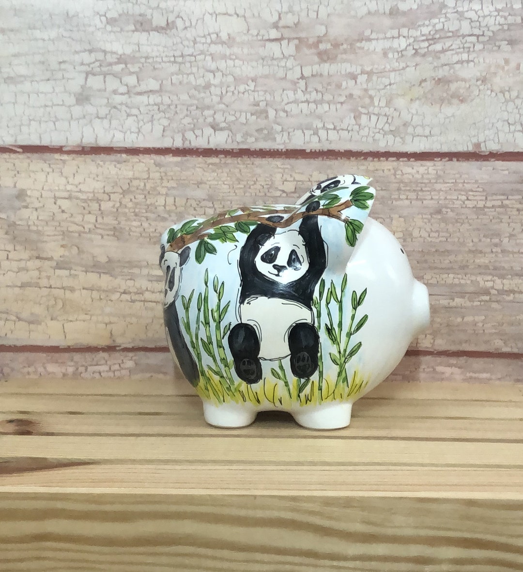 Large Hand-painted Panda Bear in Forest Piggy Bank, Whimsical and ...