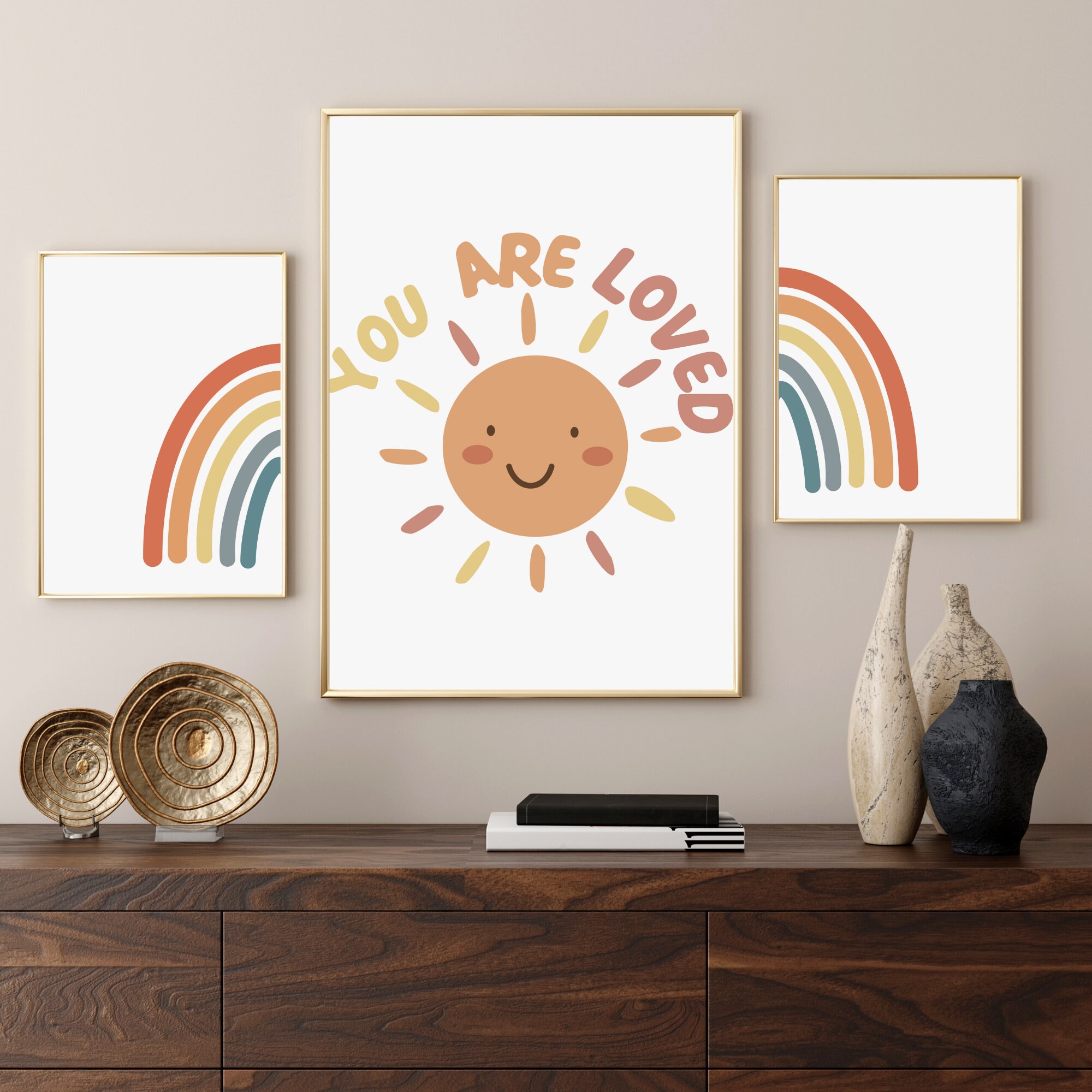 Boho Rainbow Wall Art Printable Set With Sun and Love Quote for Kids ...