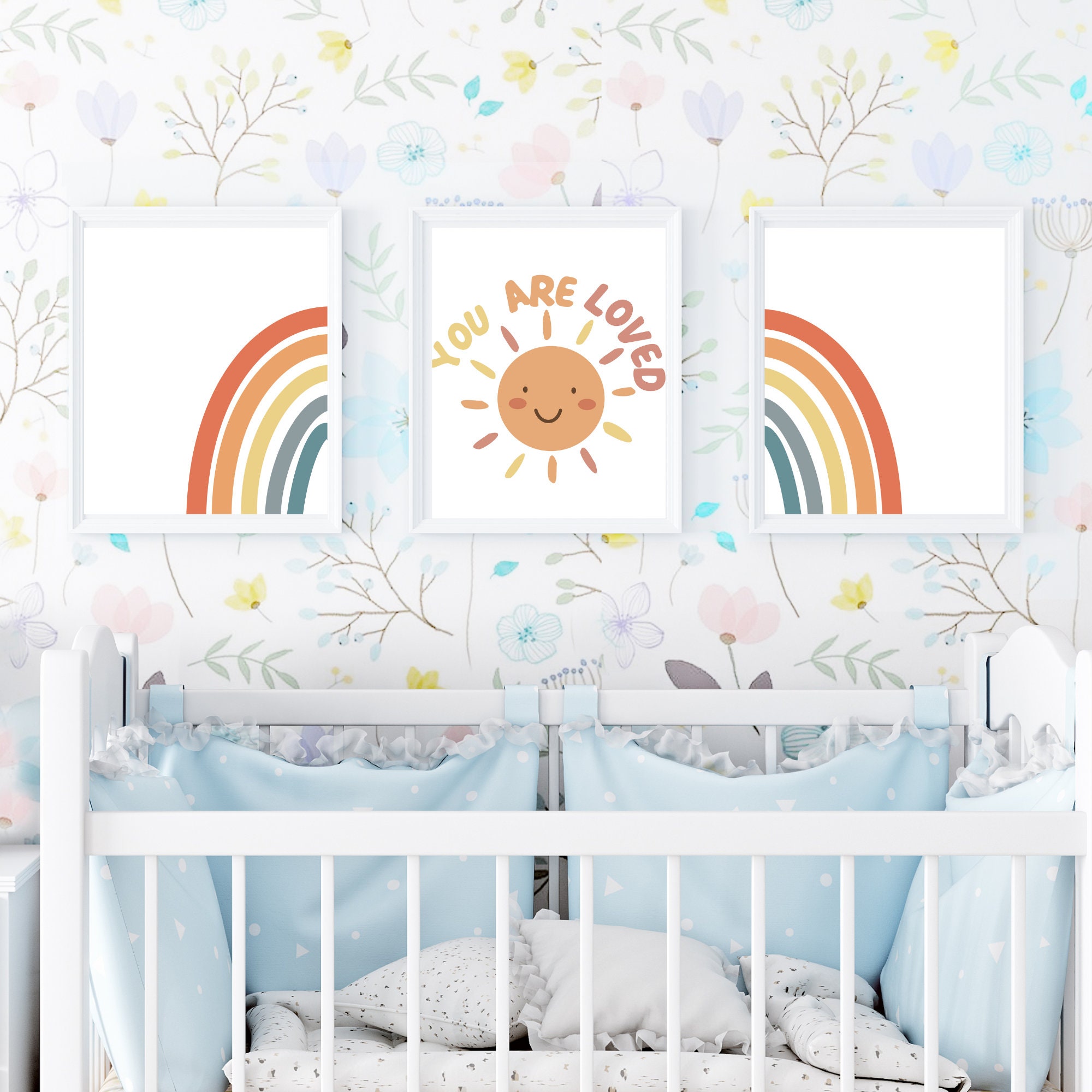 Boho Rainbow Wall Art Printable Set With Sun and Love Quote for Kids ...