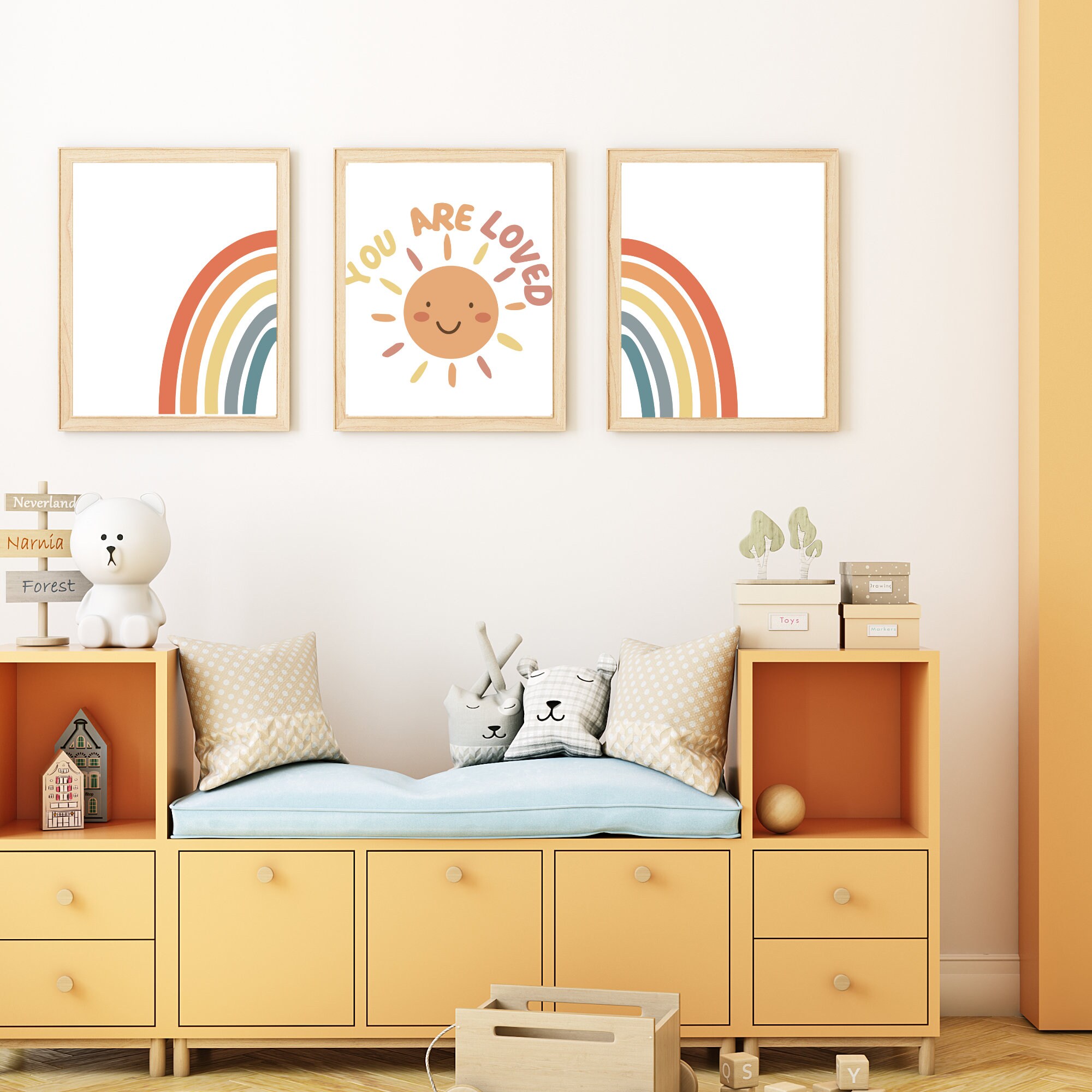 Boho Rainbow Wall Art Printable Set With Sun and Love Quote for Kids ...