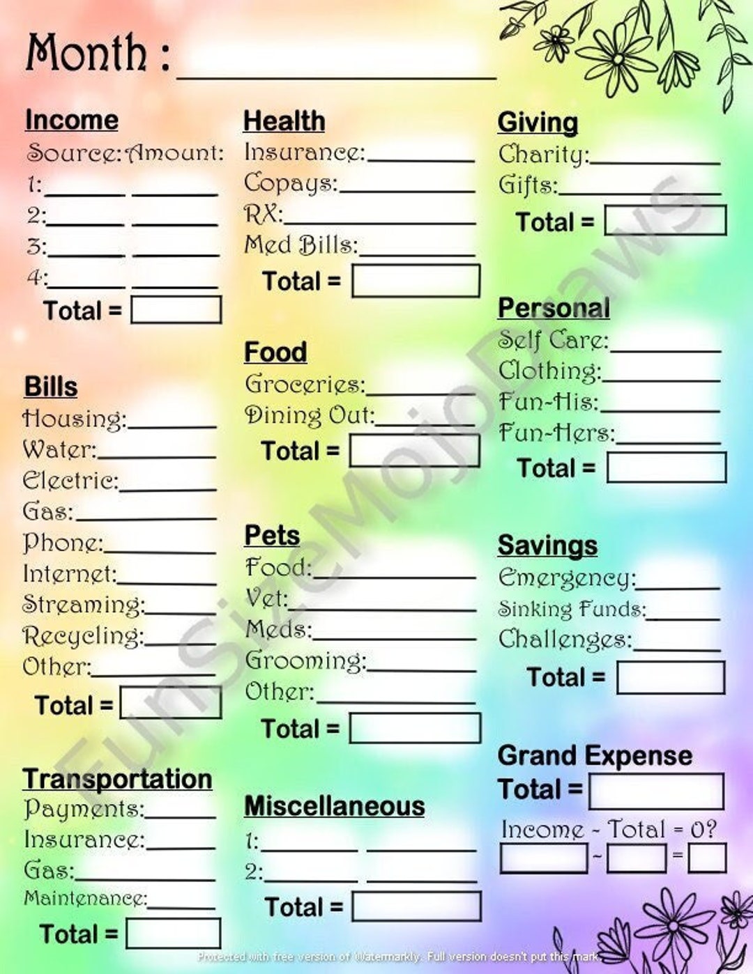 Monthly Budget Printable Color | Budget Planner | Digital Download - Etsy