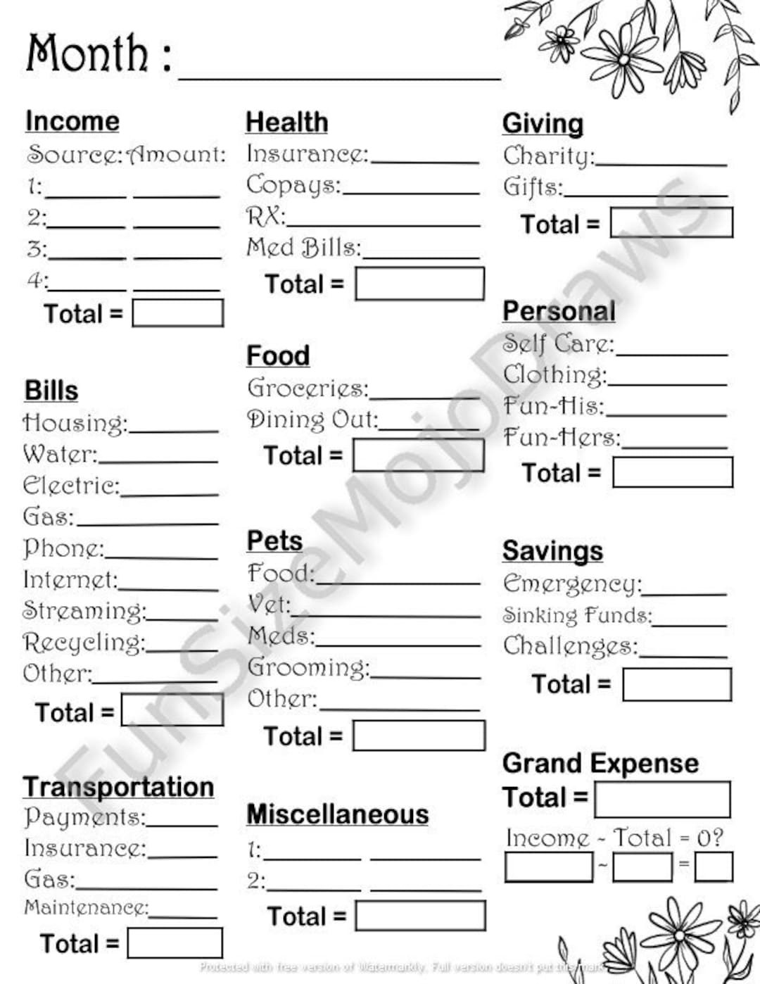 Monthly Budget Printable Black and White | Budget Planner | Digital ...