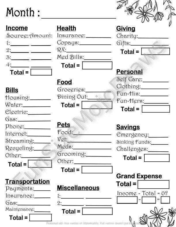 Monthly Budget Printable Black and White | Budget Planner | Digital ...