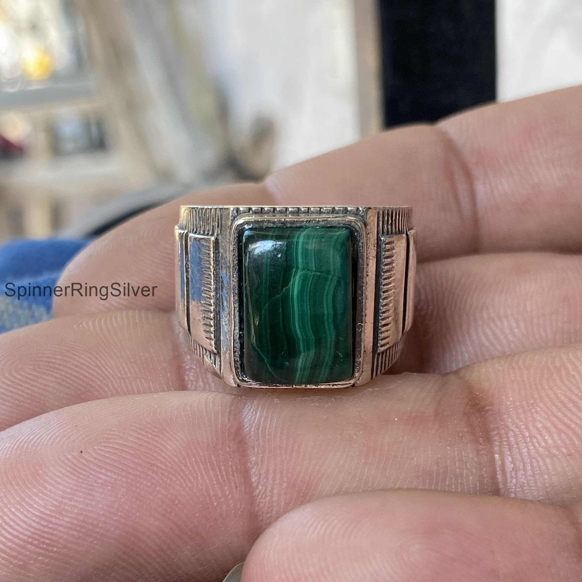 Genuine Malachite Men's Ring Cushion Signet Men's - Etsy