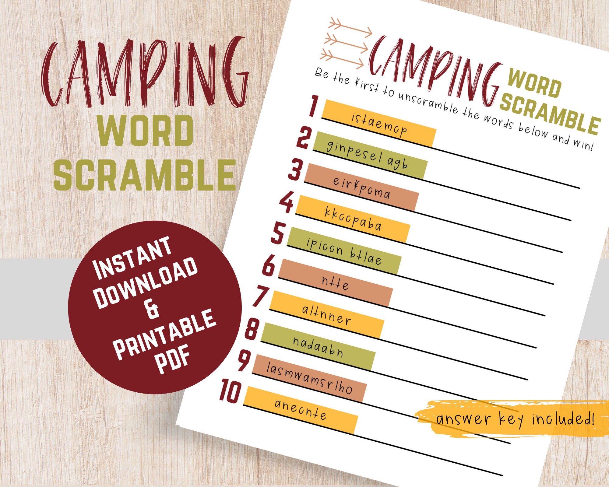 Camping Word Scramble . Camping Scramble Game . Printable PDF . Instant ...