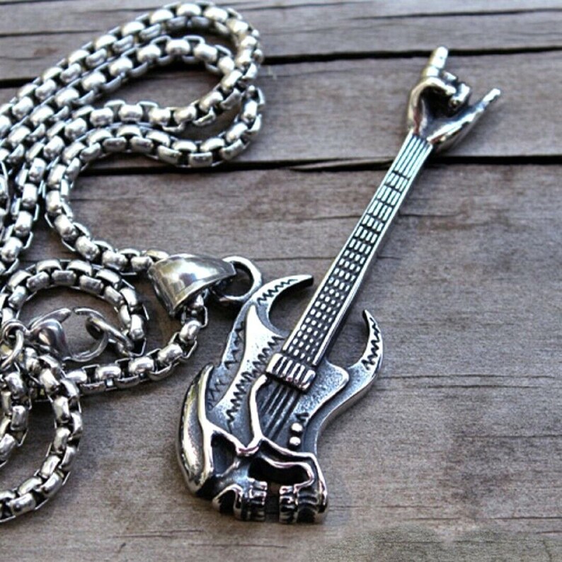 Punk Skull Bass Guitar Pendant Necklace Rocker Jewelry - Etsy