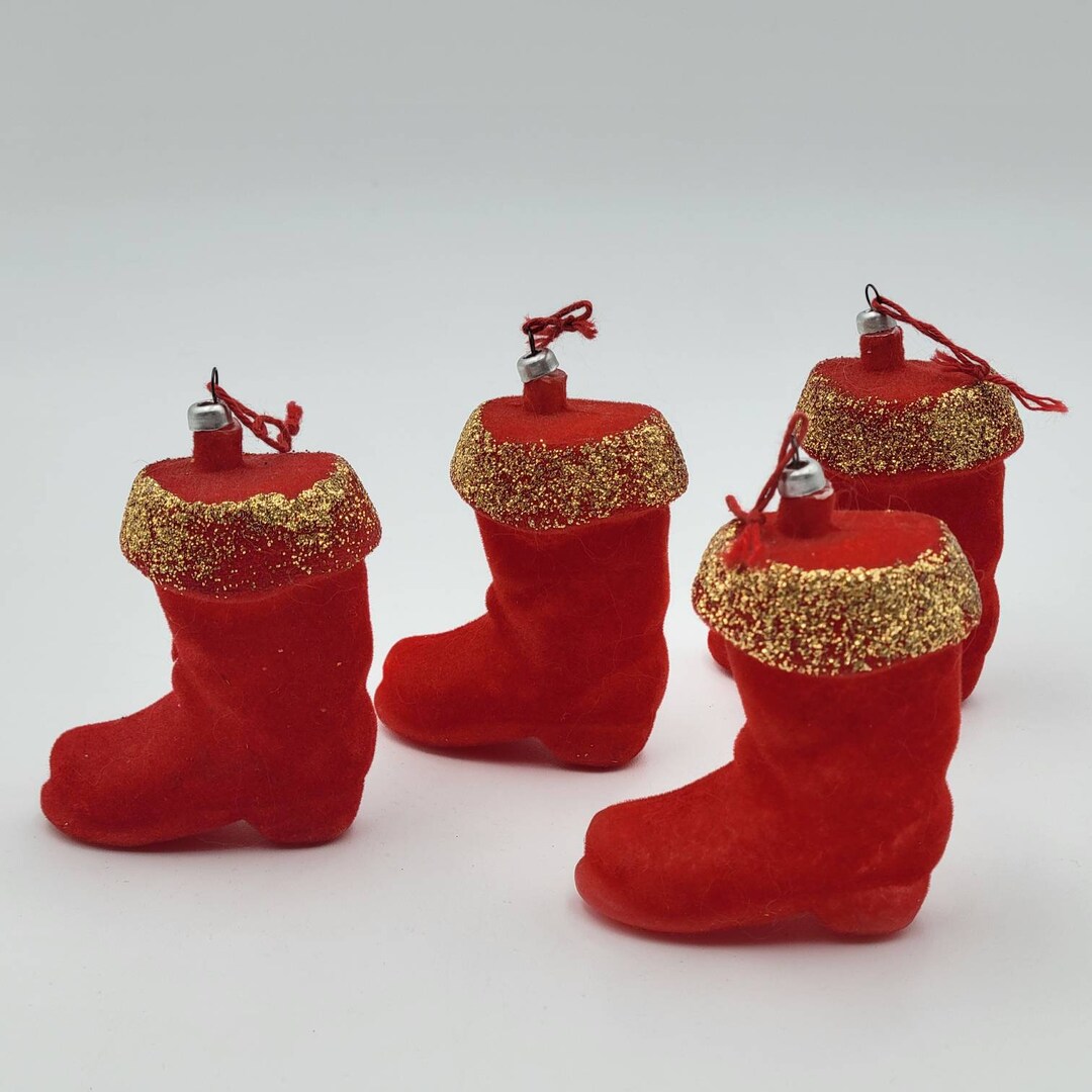 Vintage Red Flocked Santa Boot Ornaments (4) - Etsy
