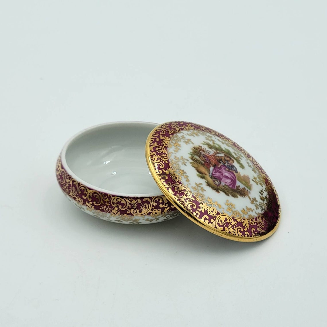 Limoges Castel Round Trinket Box Courting Couple Cranberry and | Etsy