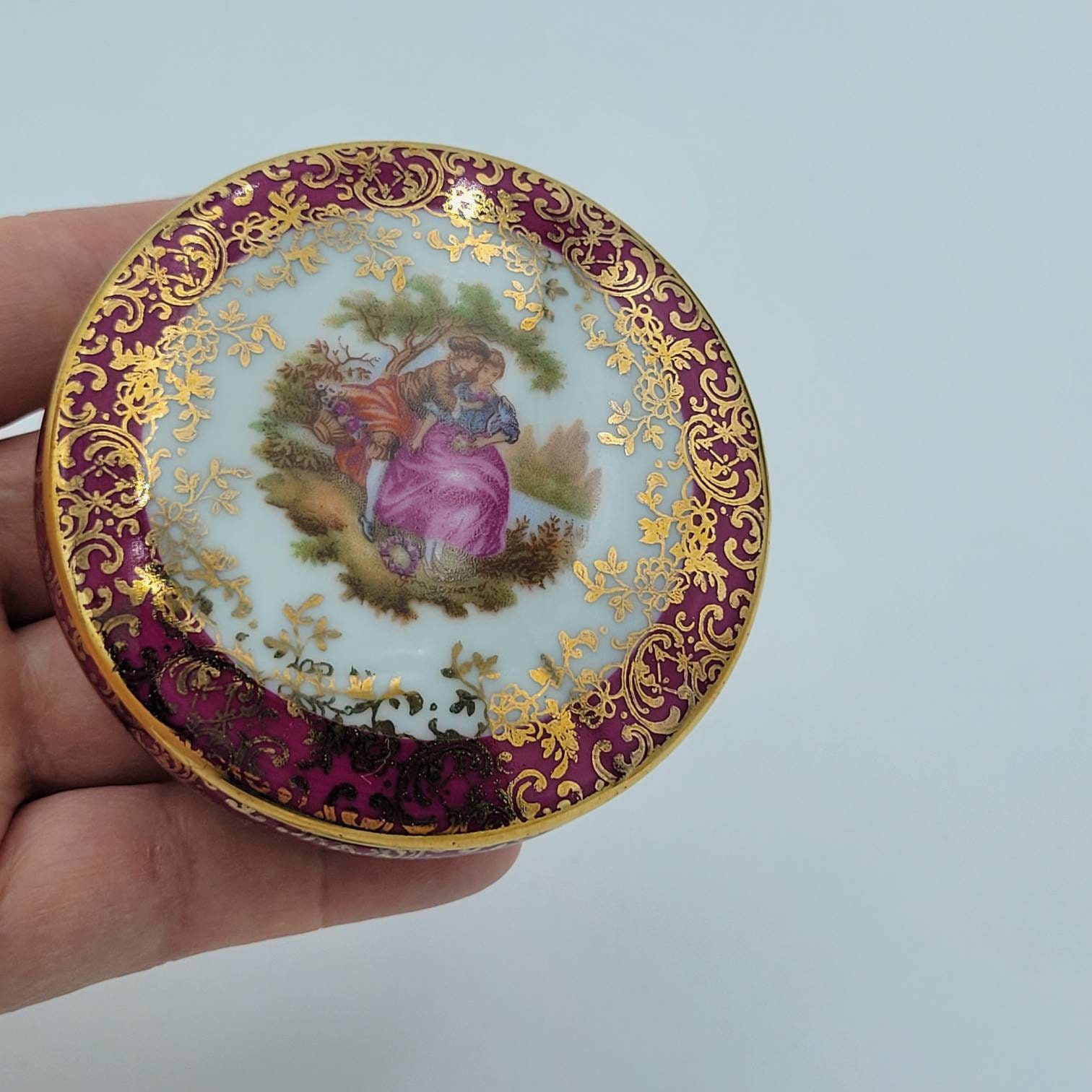 Limoges Castel Round Trinket Box Courting Couple Cranberry and - Etsy