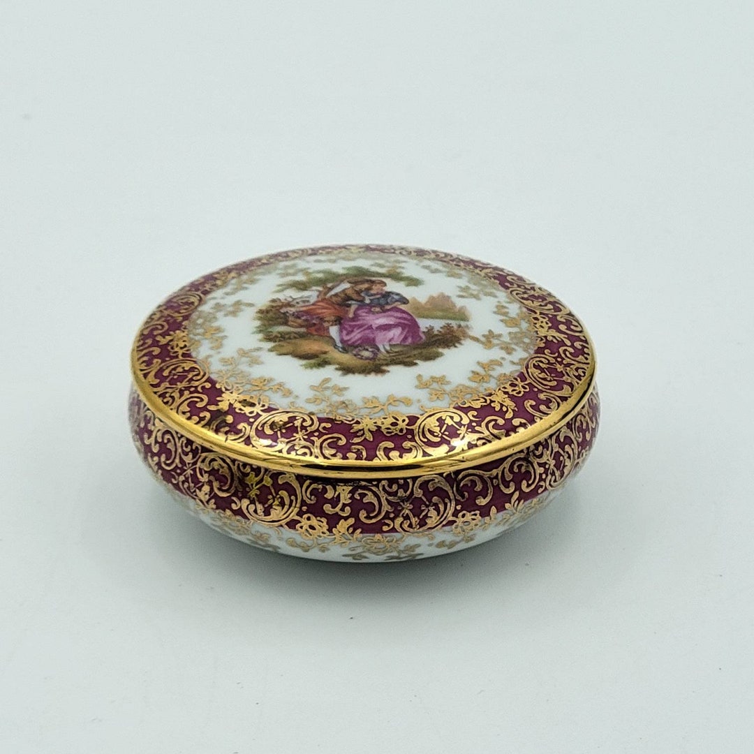 Limoges Castel Round Trinket Box Courting Couple Cranberry and Gold - Etsy