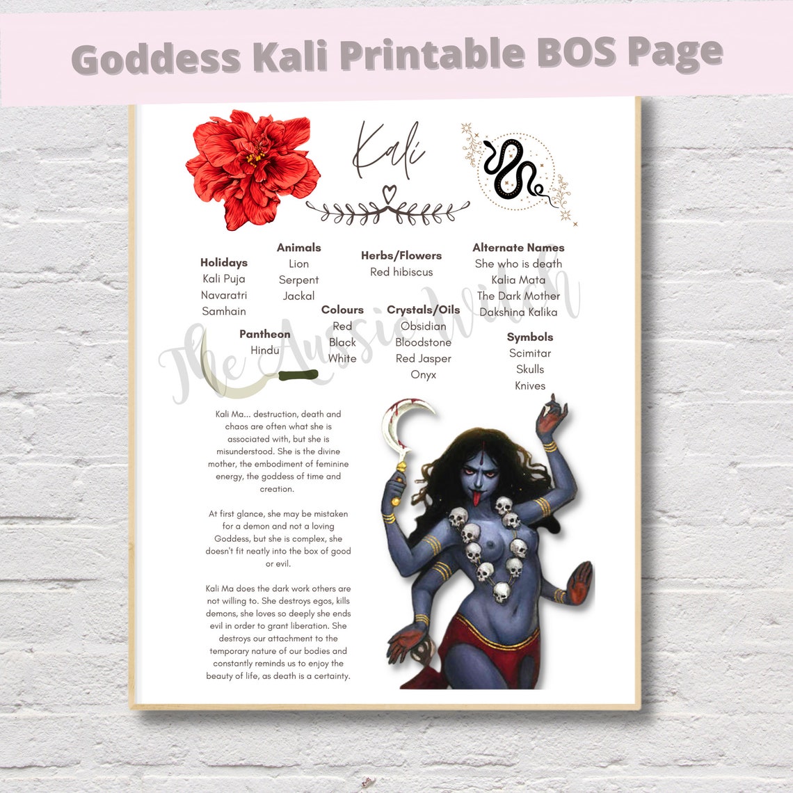 Hindu Goddess Kali Printable Correspondence for Book of Shadows ...