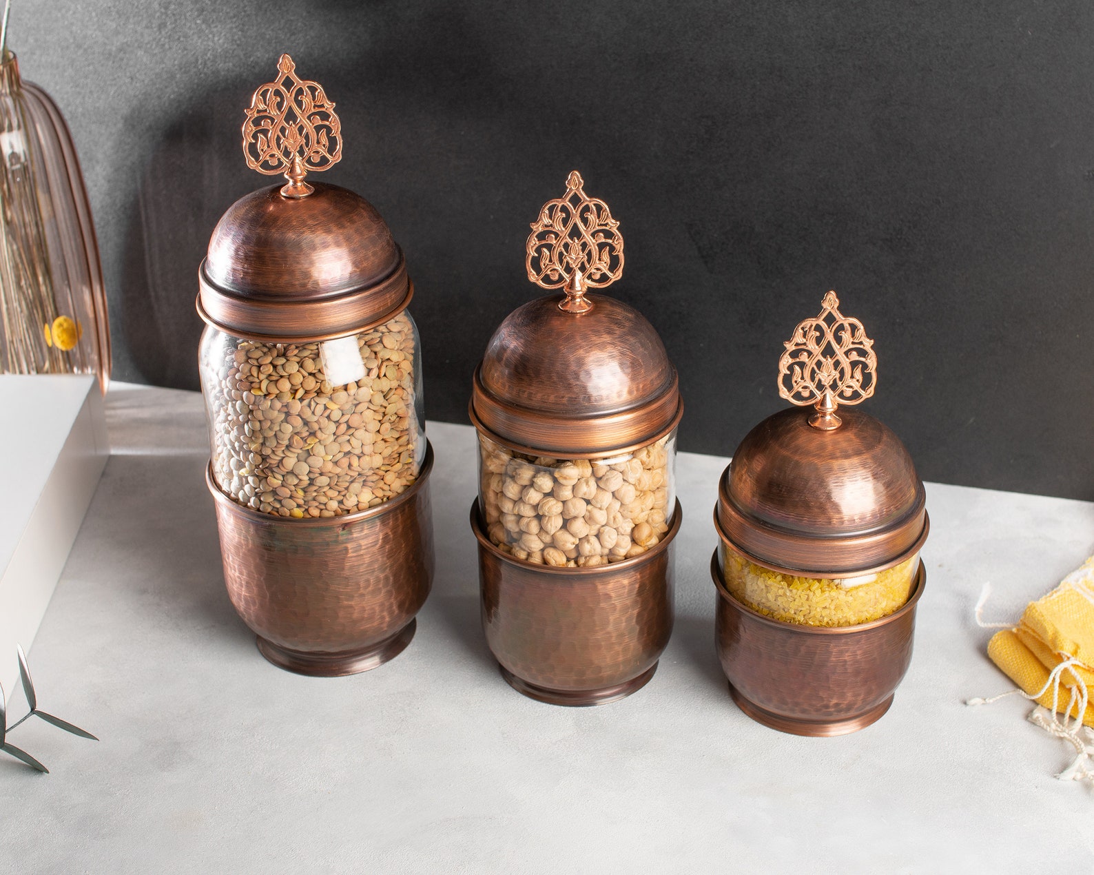 Hammered Copper and Glass Canister Set of 3: Vintage Kitchen Storage - Etsy