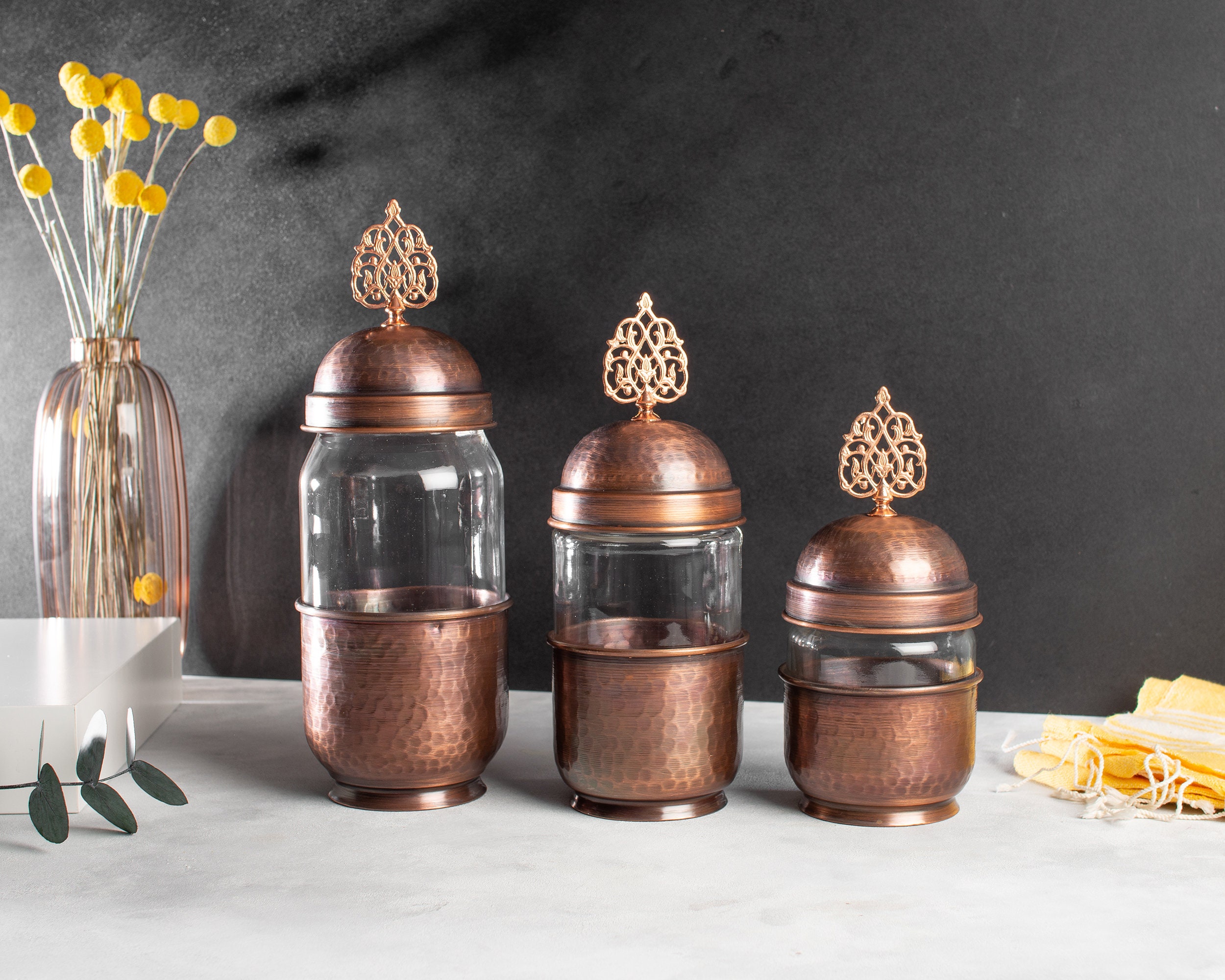 Hammered Copper and Glass Canister Set of 3: Vintage Kitchen Storage - Etsy