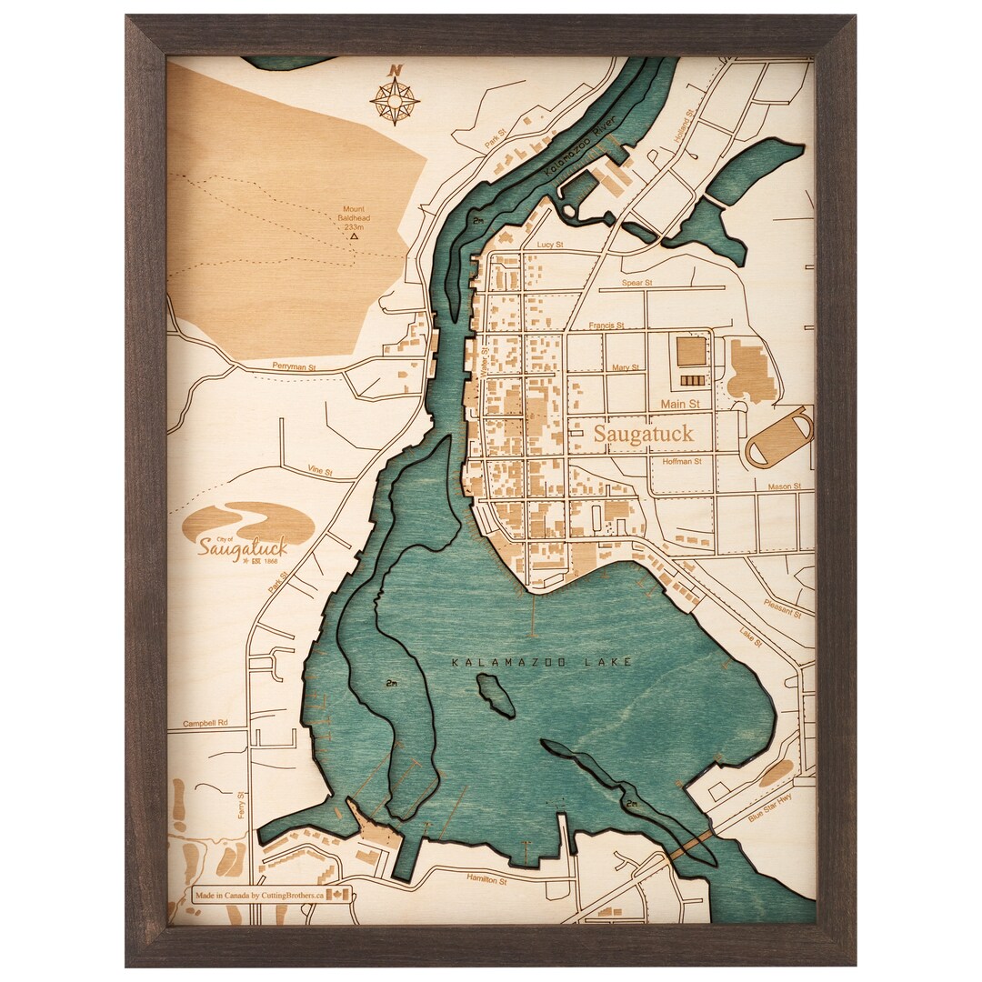SAUGATUCK MICHIGAN USA - 3D Map - Handcrafted, Natural Wood - 12 X 16 ...