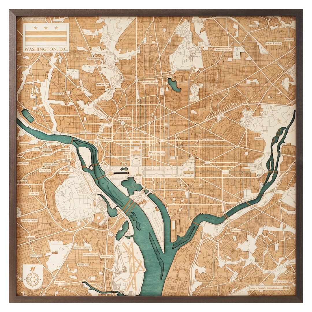WASHINGTON DC - 3D Wood Wall Map - Handcrafted, Natural Wood - 30 X 30 ...