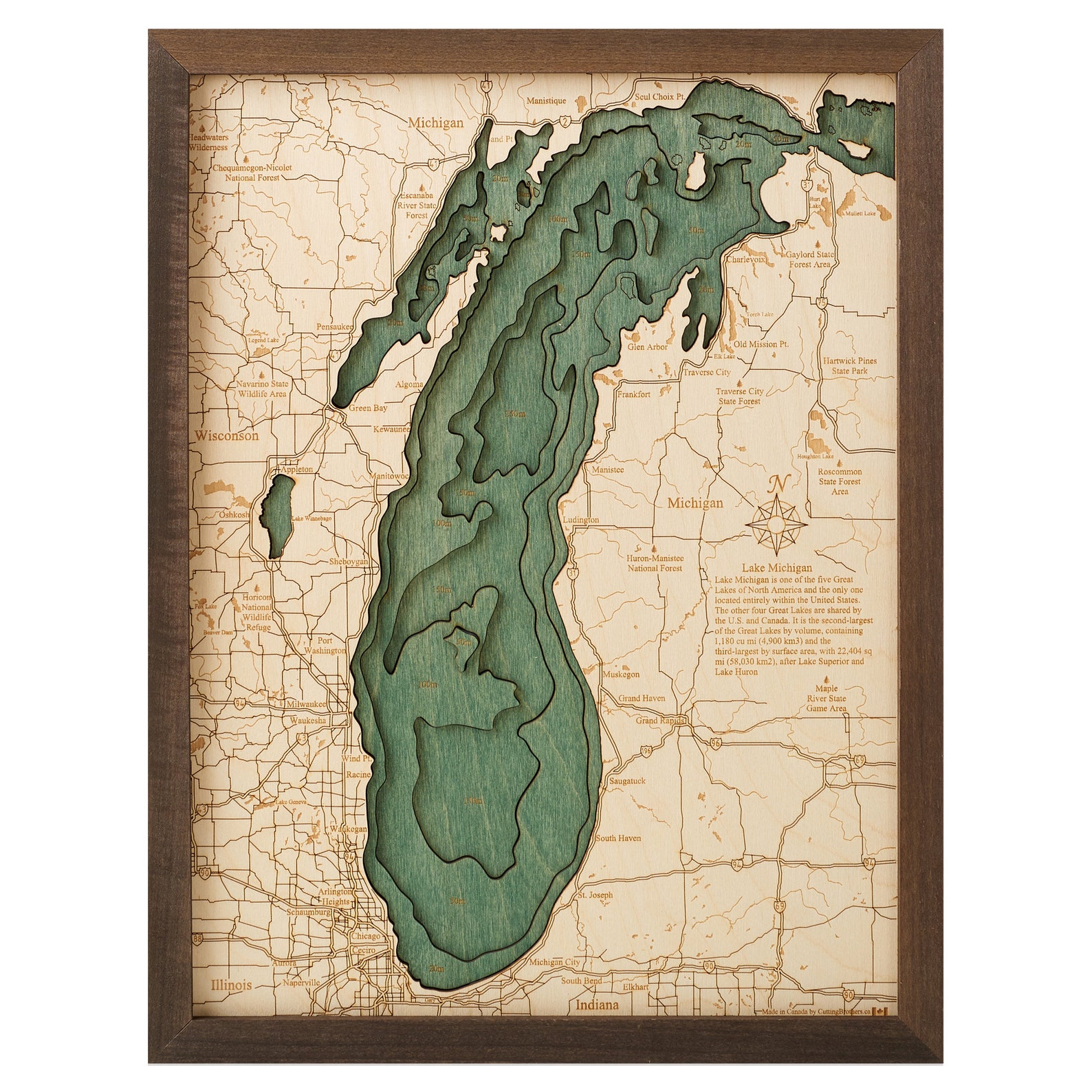 LAKE MICHIGAN USA - 3D Wood Wall Map - Handcrafted, Natural Wood ...