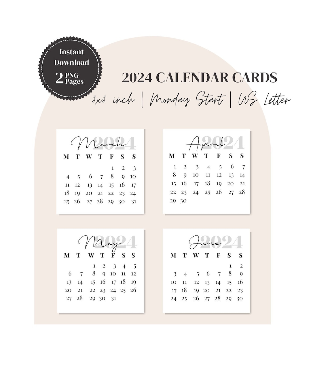 2024 Calendar, Mini Calendar Cards in Handwritten Font, Elegant Mini ...