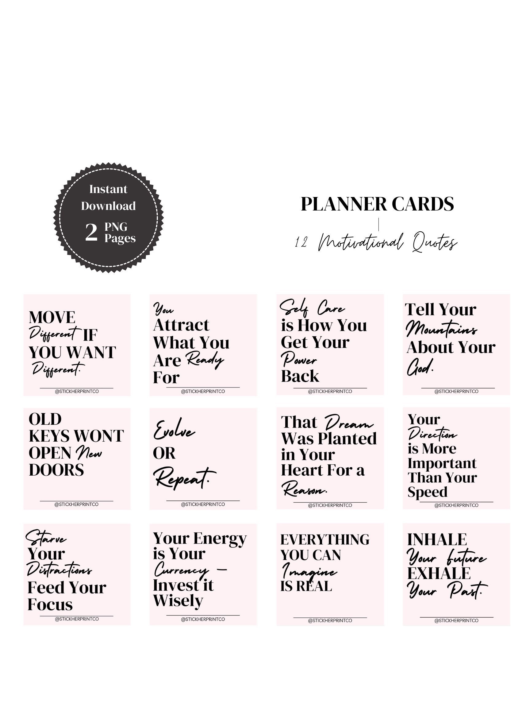 3x3 Mini Printable Planner Cards, 12 Motivational Quotes, Planner ...
