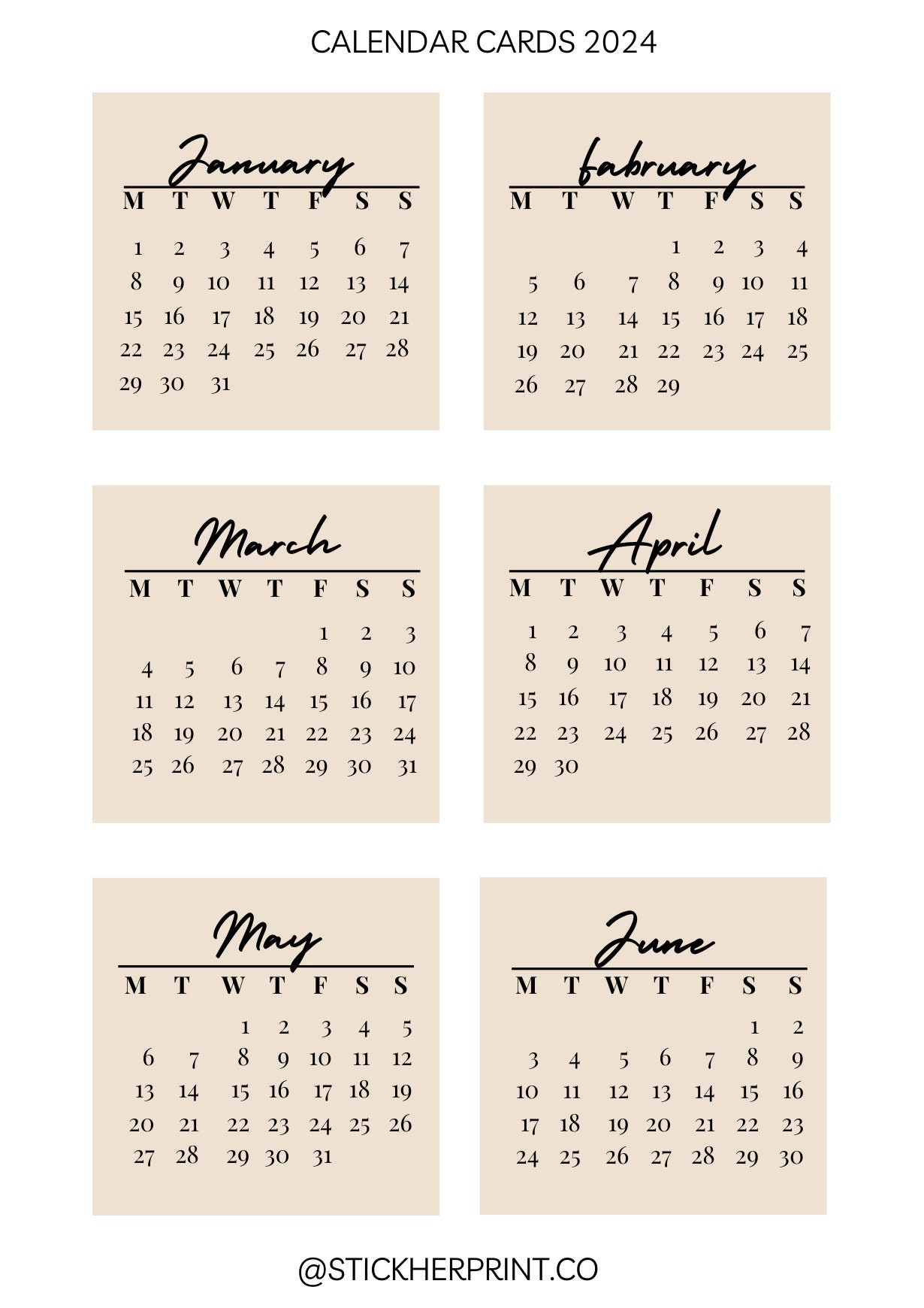 2024 3x3 Mini Calendar Cards, Printable Planner Calendar Cards ...