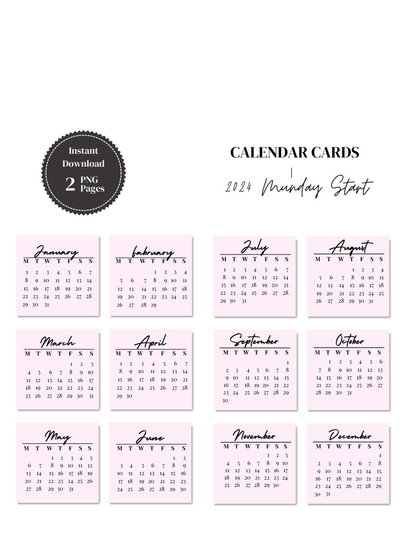 Printable Mini 2024 Calendar Sticker, 2024 3x3 Calendar Cards, Monthly ...