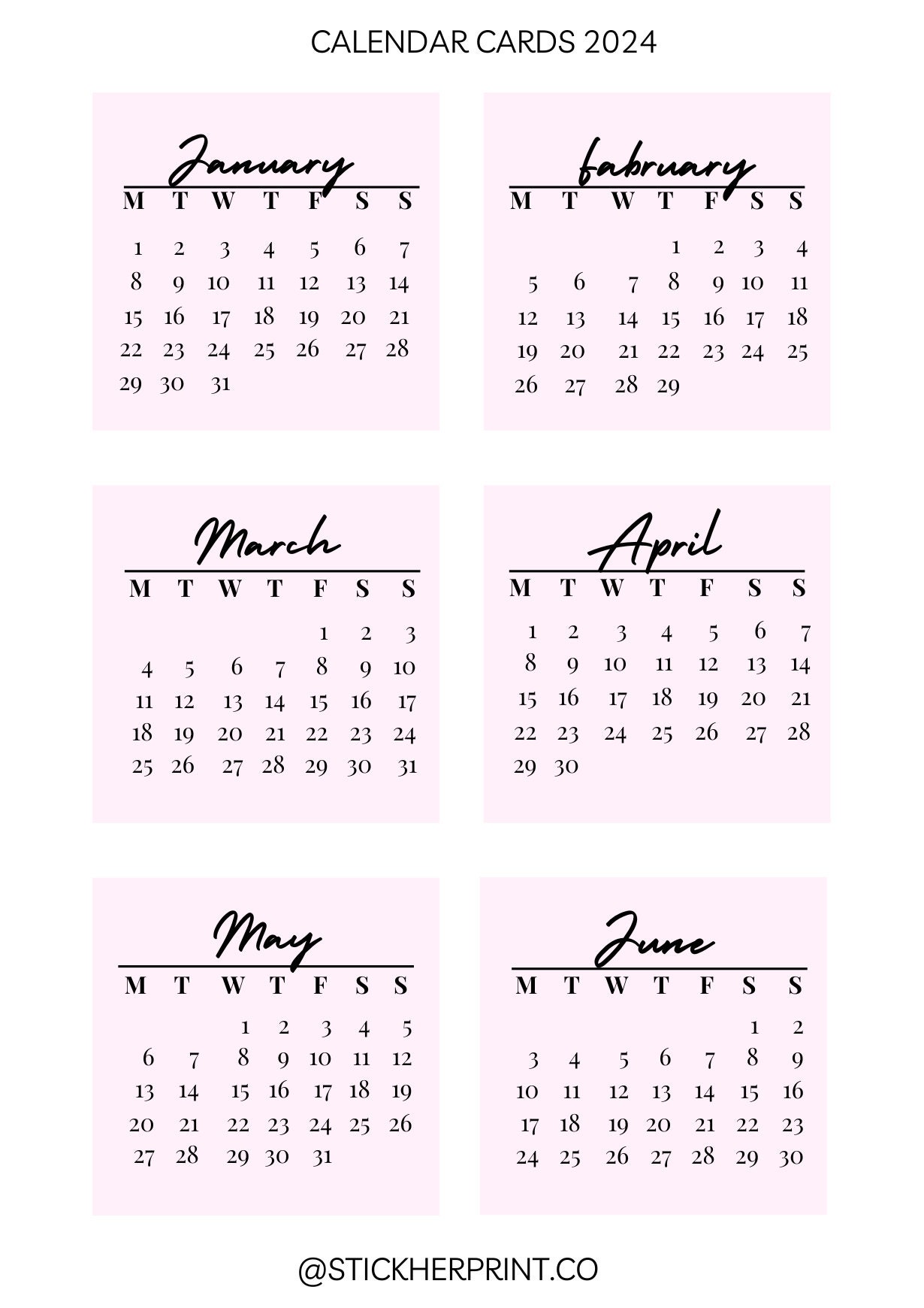 Printable Mini 2024 Calendar Sticker, 2024 3x3 Calendar Cards, Monthly ...