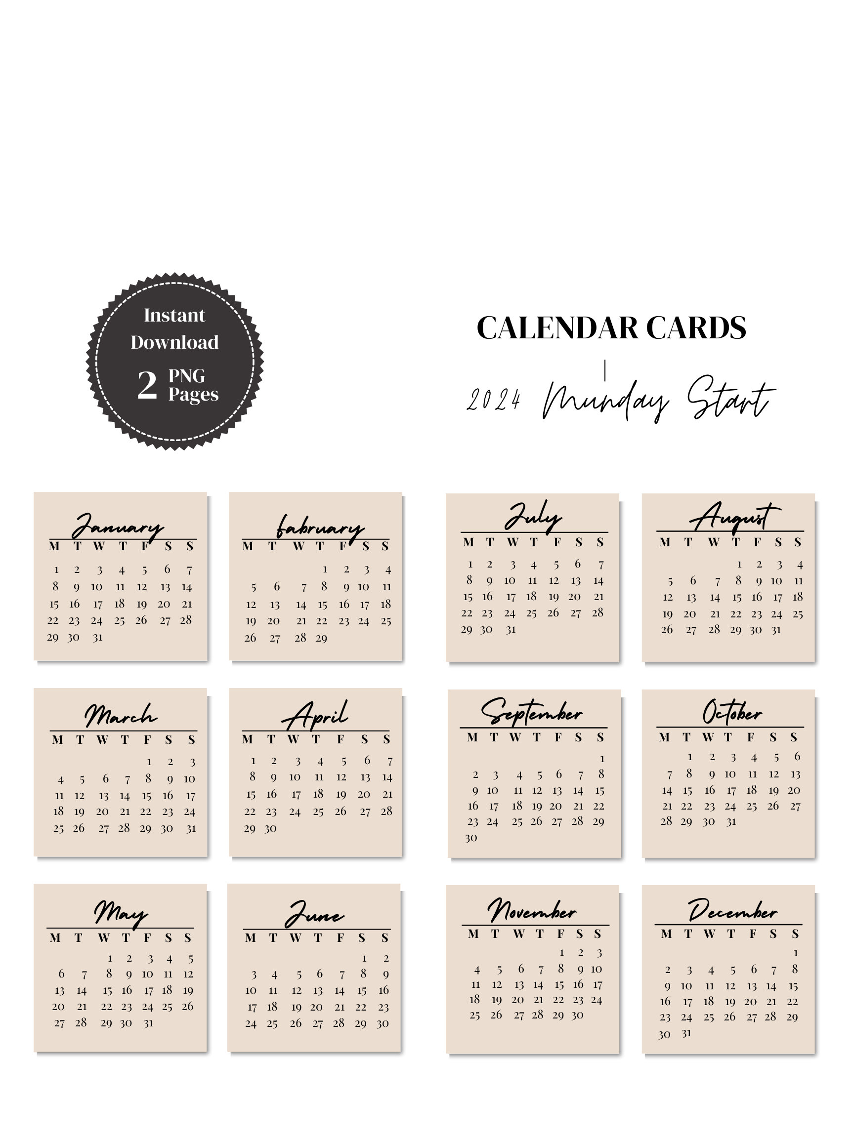2024 3x3 Mini Calendar Cards, Printable Planner Calendar Cards ...