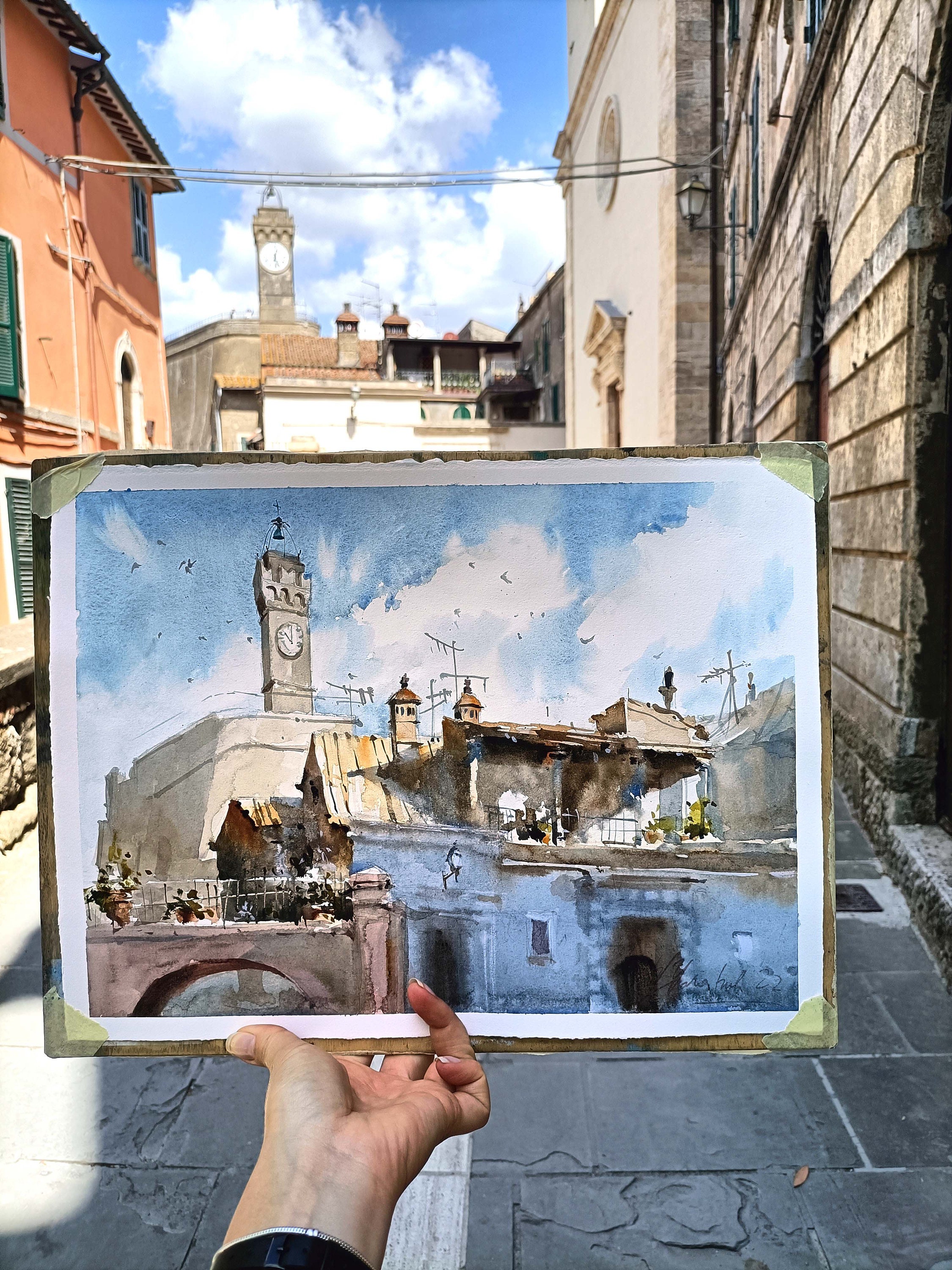 Tuscany, Toscana, Sorano, Italy, Original Watercolor Painting,city View ...