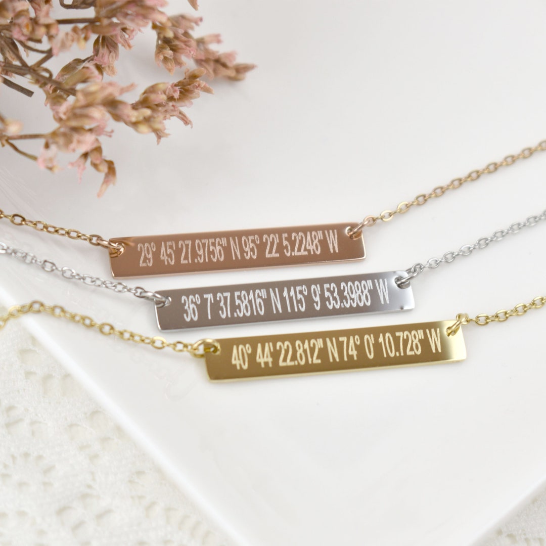 Custom Coordinates Necklace, Personalized Bar Necklace, Custom Bar ...
