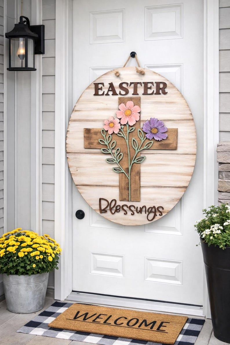 Easter Blessings Door Sign | Floral Cross, Farmhouse Decor (18 Inch) - Etsy