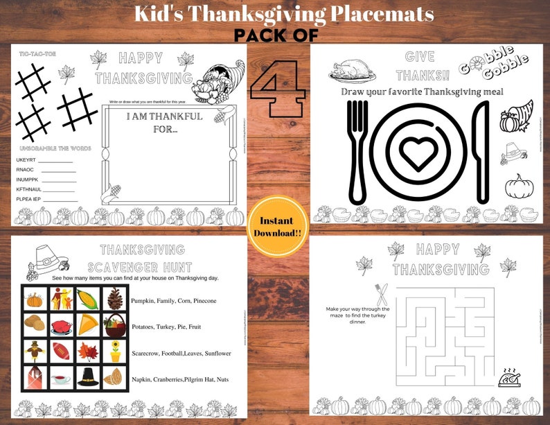 Printable THANKSGIVING Coloring Placemats, 4 Activity Sheets for Kids ...
