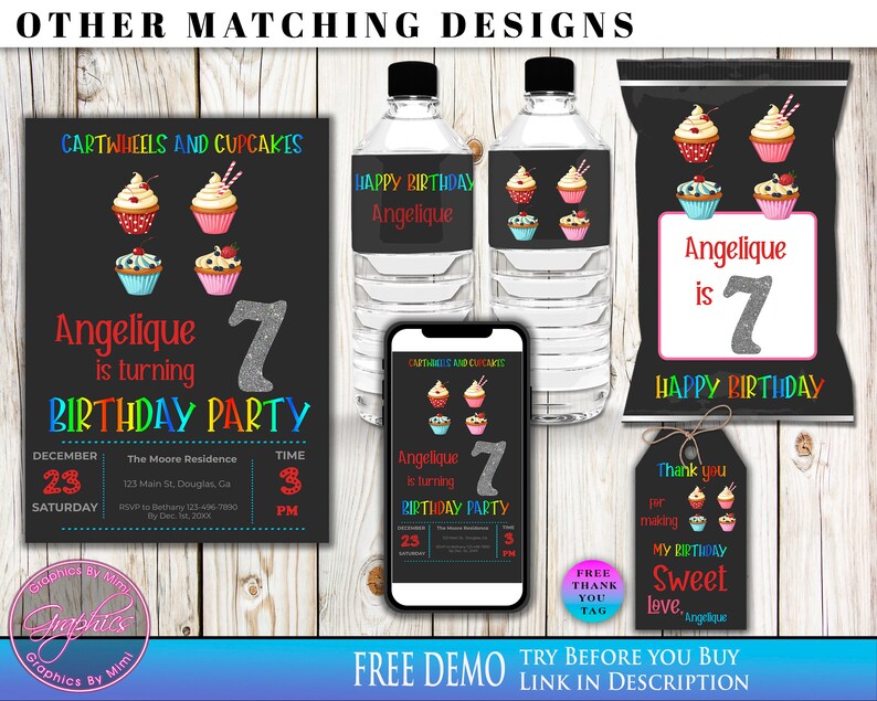 Cartwheels, Cupcakes, Printable Birthday, Phone Invitation, Mobile ...