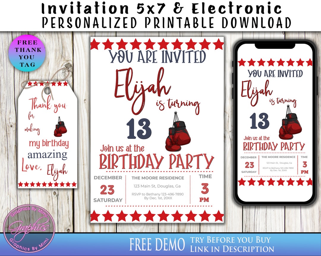 Boxing Invitation, Boxing Birthday, Template Download, Boxing Theme ...