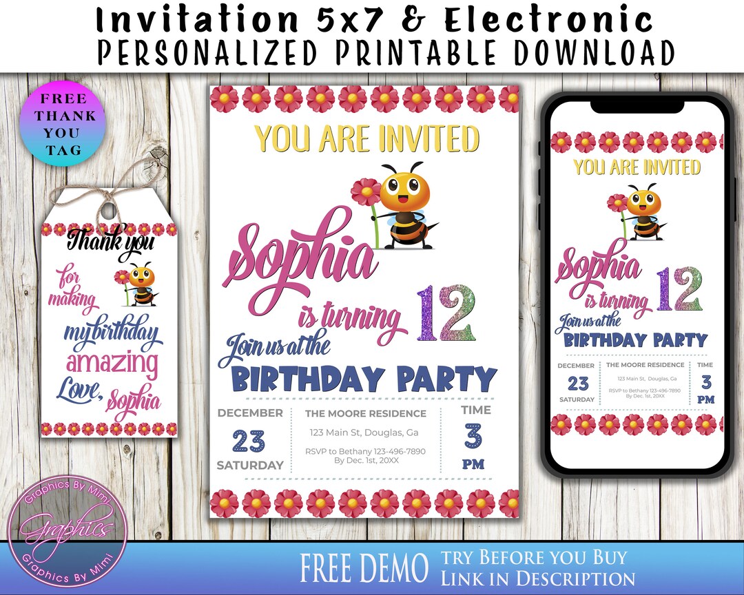 Bumblebee Invitation, 5x7 Invitation, Digital Invitations, Printable ...