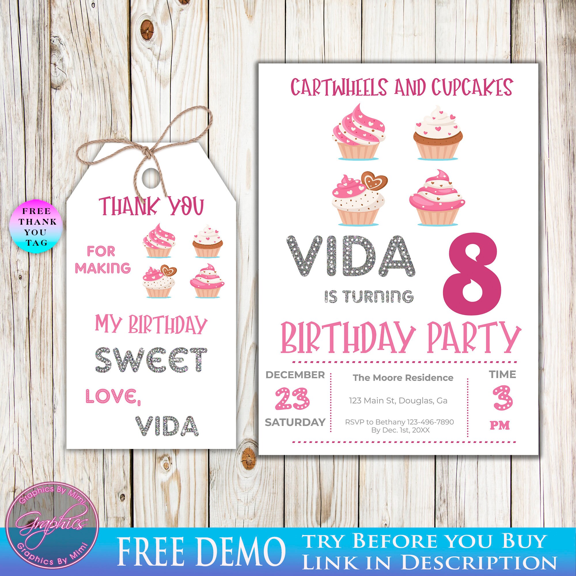 Cartwheels Cupcakes Birthday Invite Editable Design - Etsy