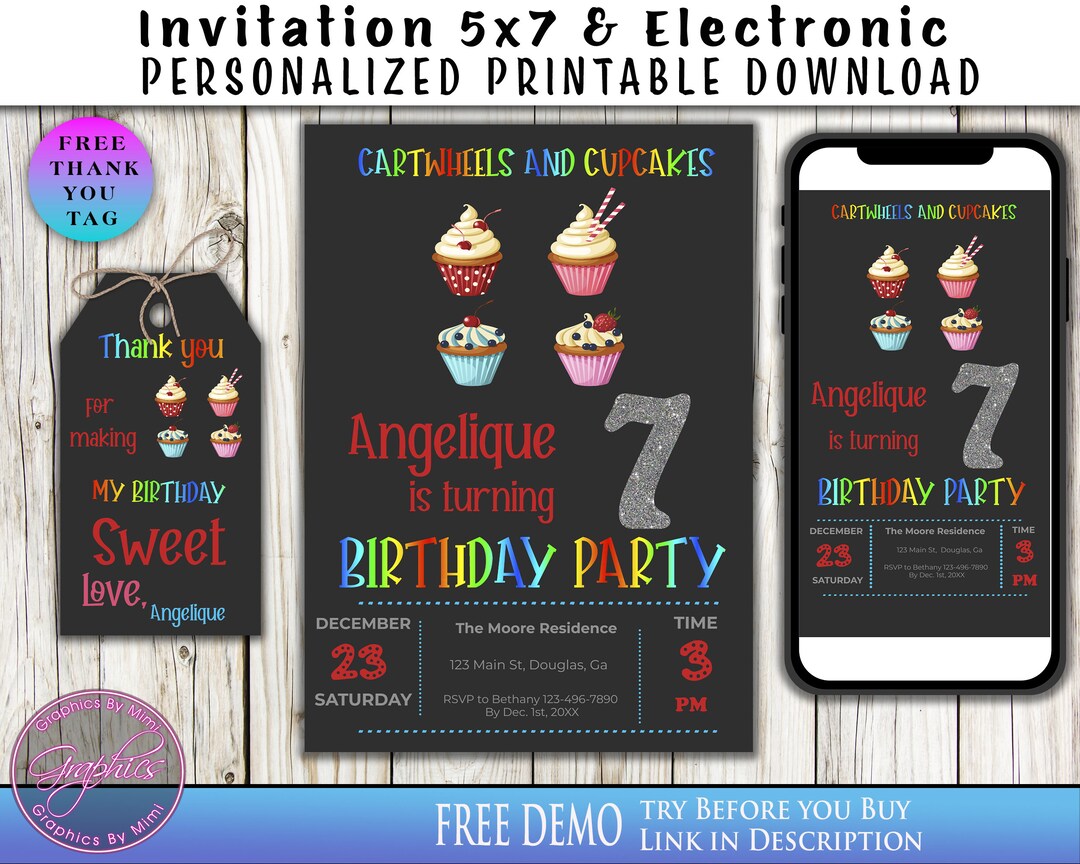 Cartwheels, Cupcakes, Printable Birthday, Phone Invitation, Mobile ...