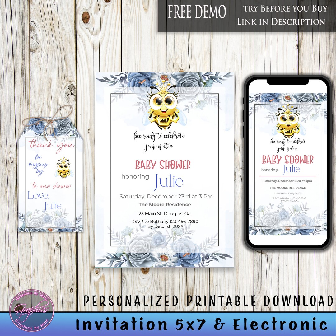 Bee Invitation, Bee Baby Shower, Digital Invitations, Printable ...