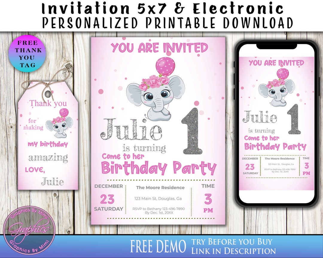Baby Elephant, Birthday Invitation, Editable Design, Printable Birthday ...