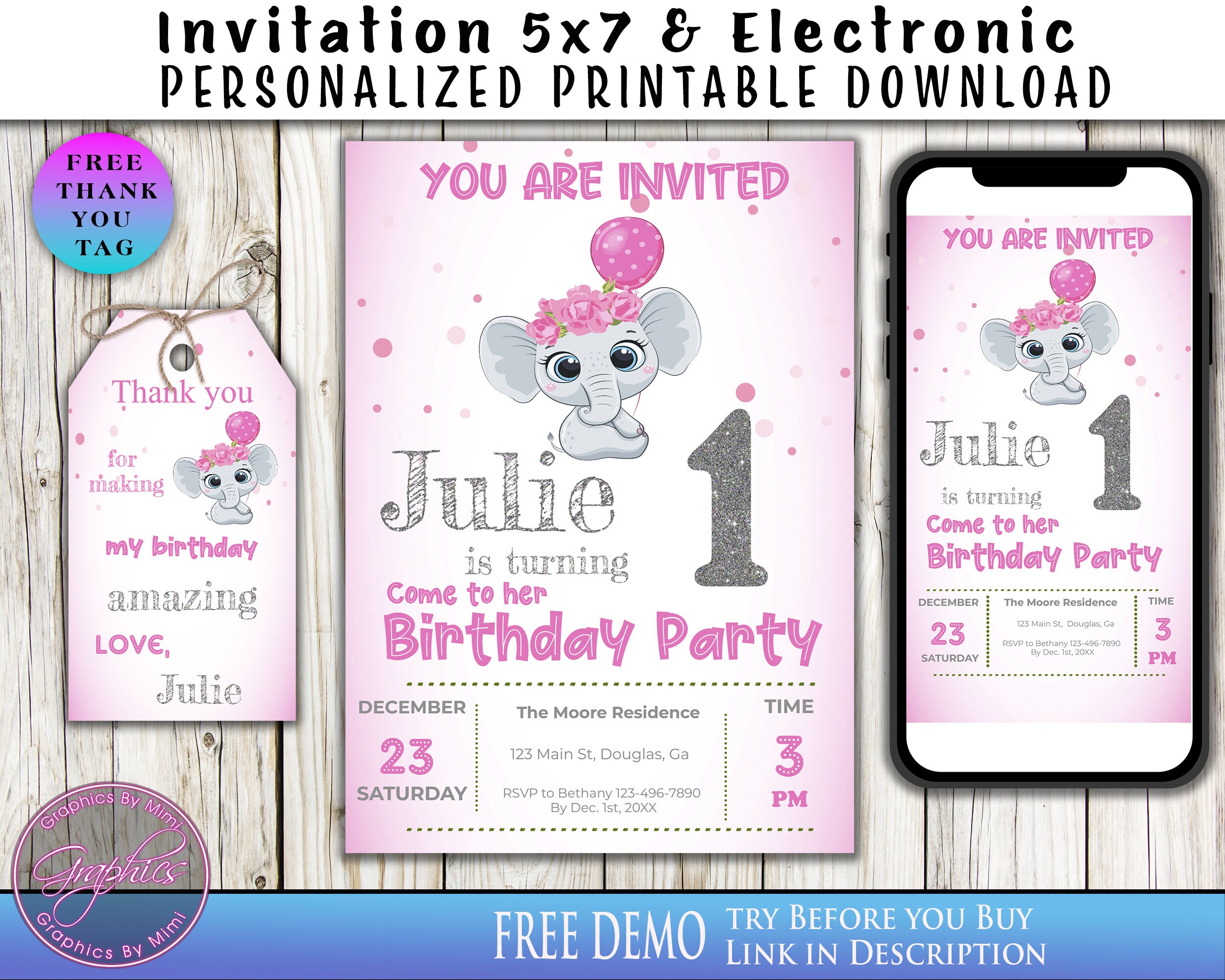 Baby Elephant, Birthday Invitation, Editable Design, Printable Birthday ...